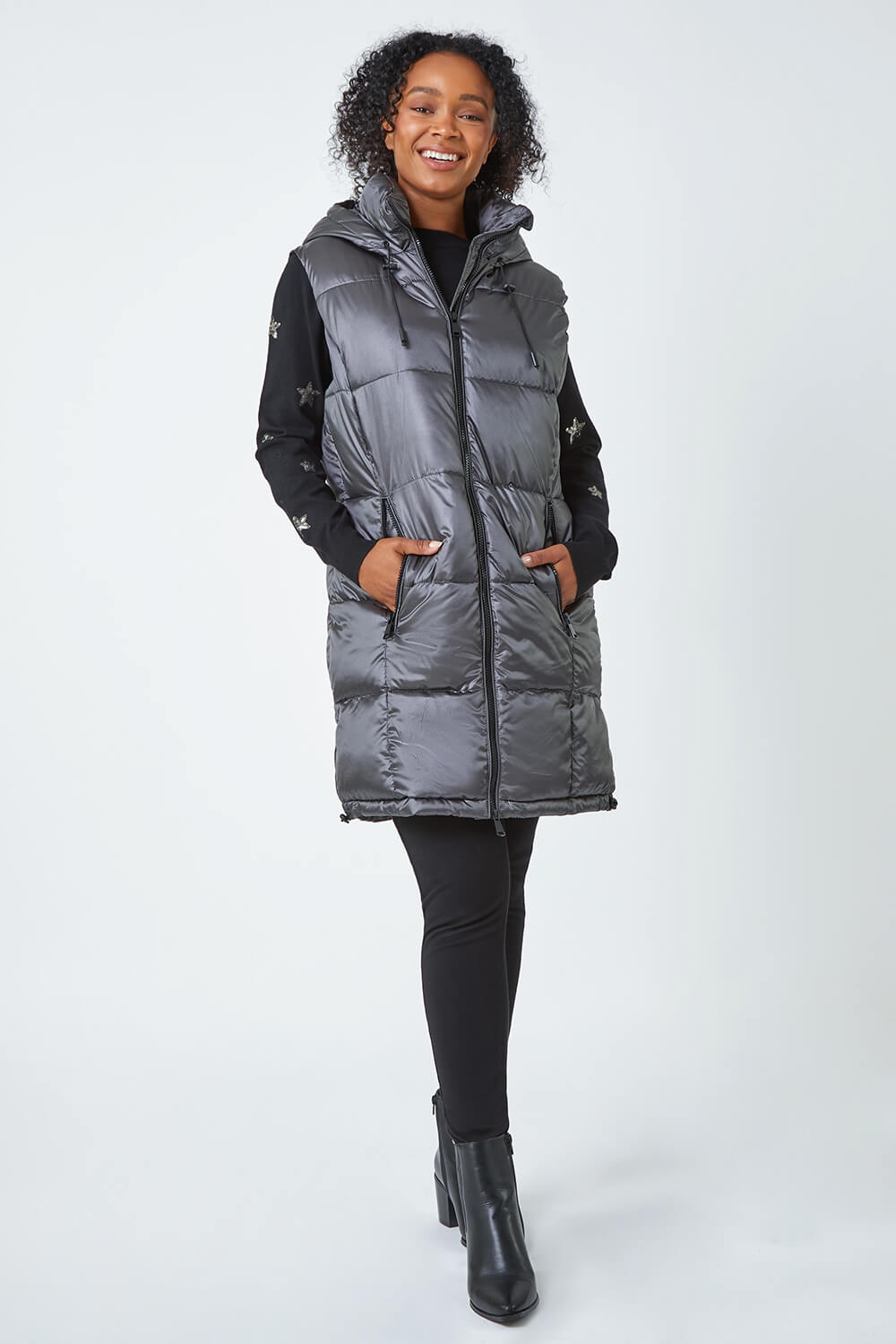 Ash Petite Iridescent Longline Hooded Gilet | Roman UK