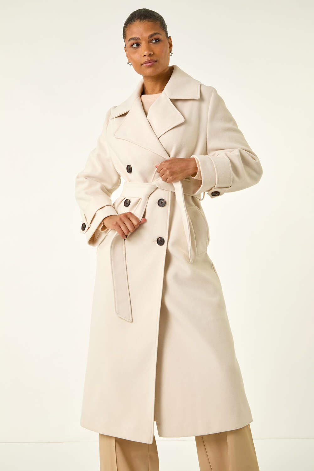 Cream Textured Premium Belted Smart Coat | Roman UK