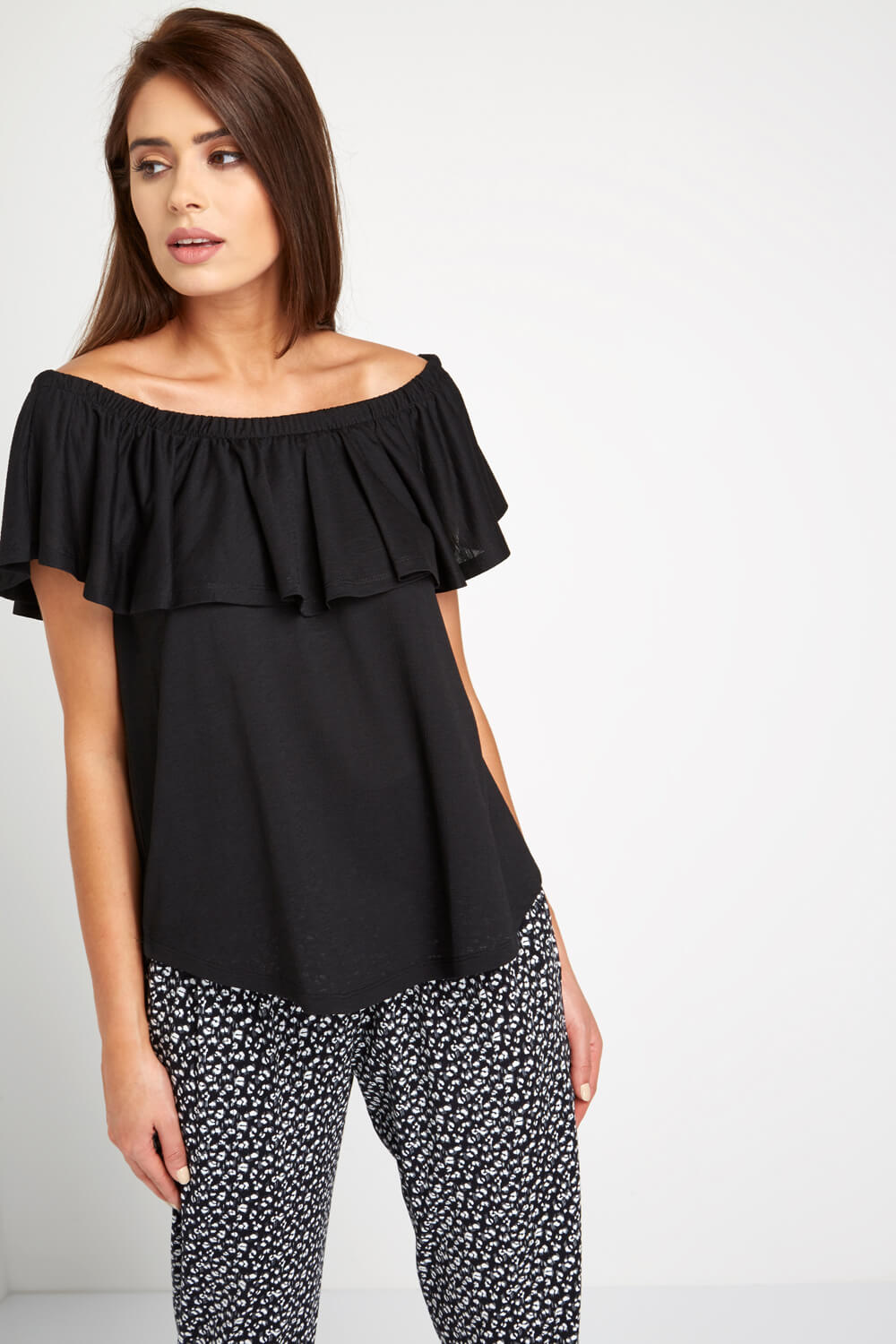 Textured Bardot Top in Black - Roman Originals UK