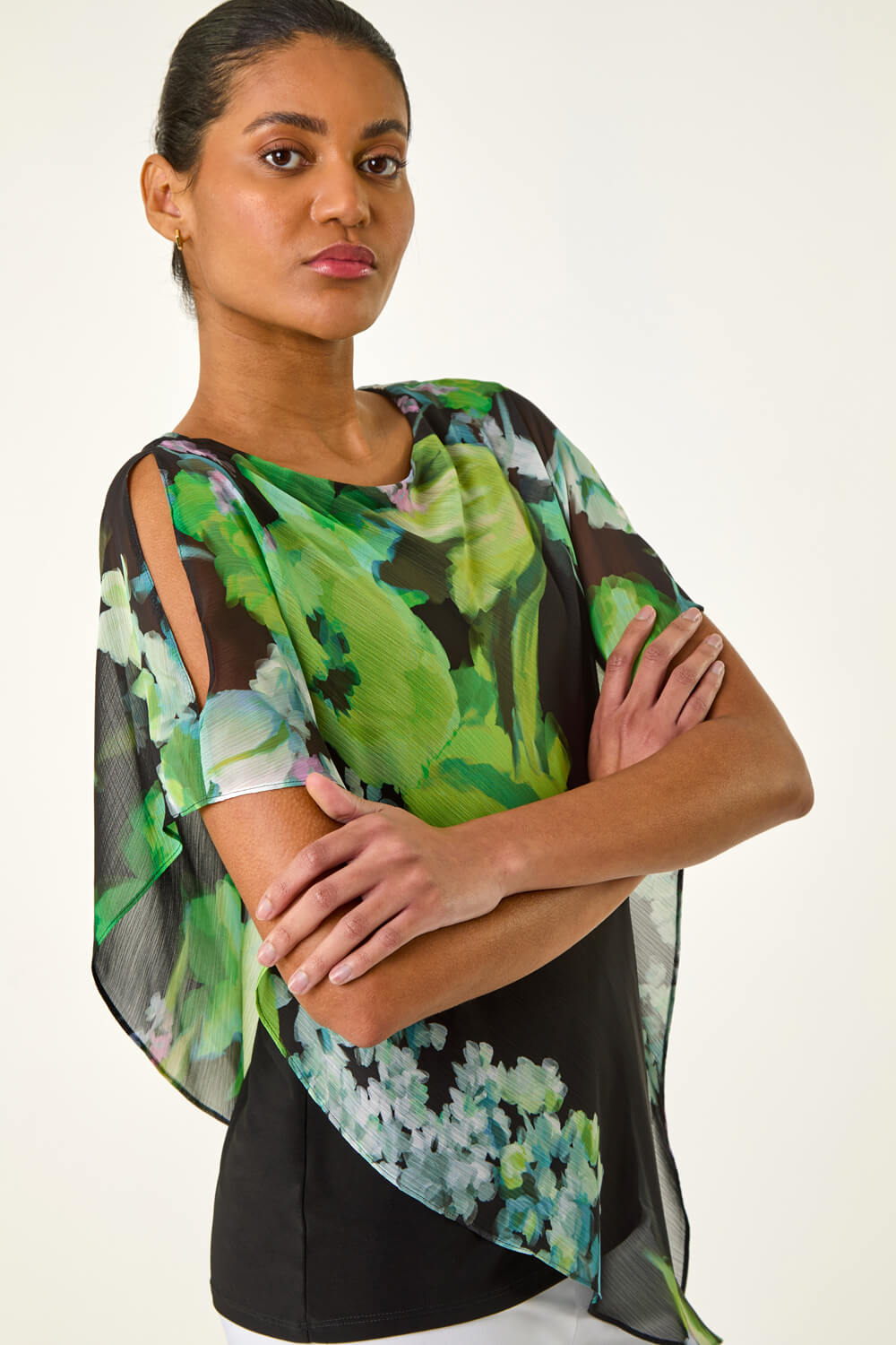 Green Floral Print Asymmetric Overlay Top | Roman UK