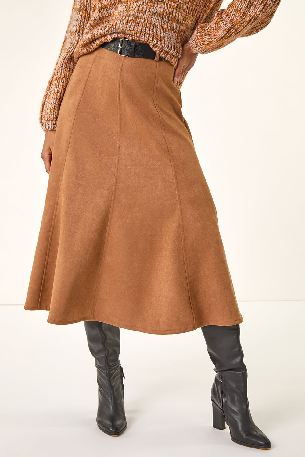Rust Belted Faux Suede Midi Skirt | Roman UK