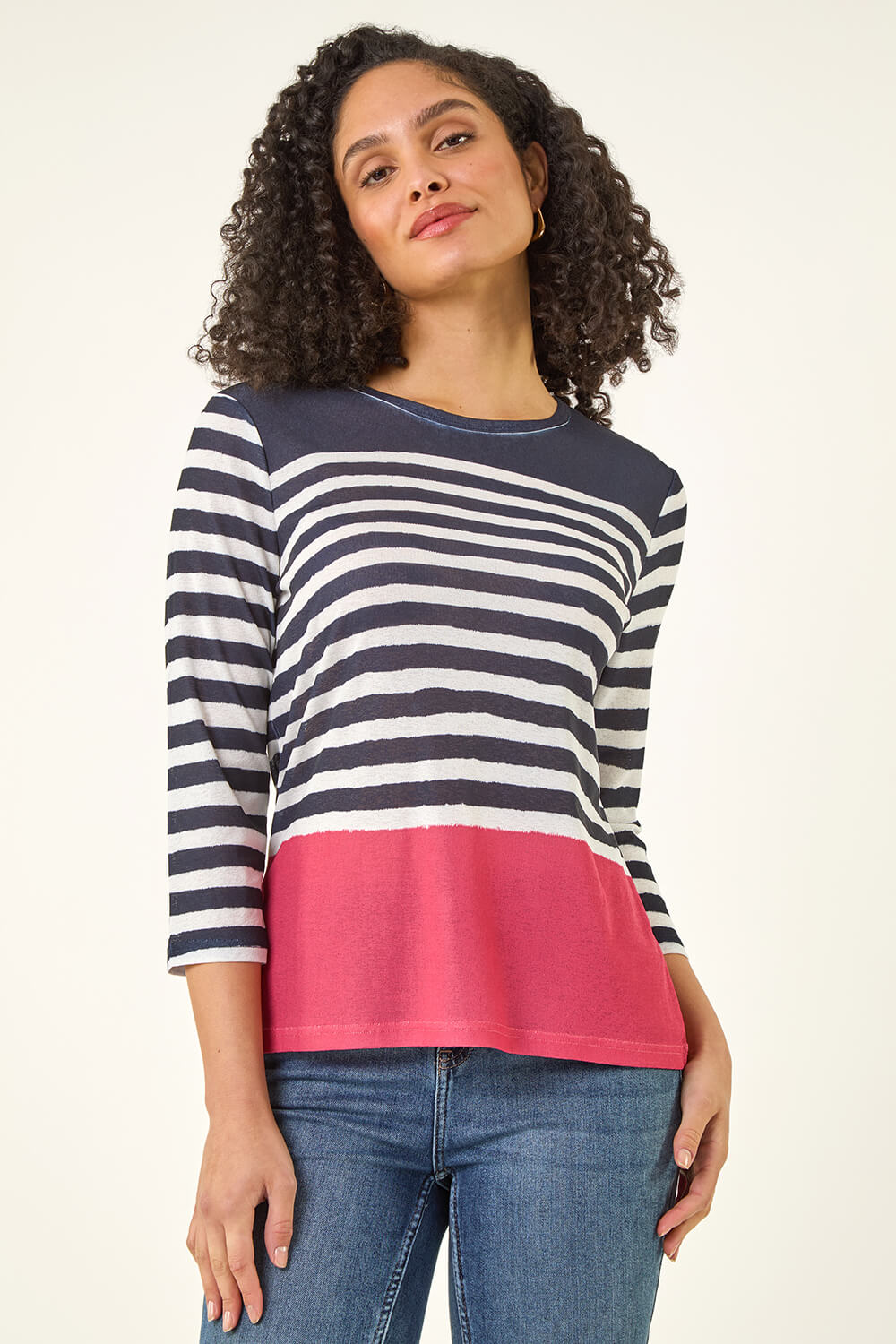 Navy Contrasting Stripe Print Top | Roman UK