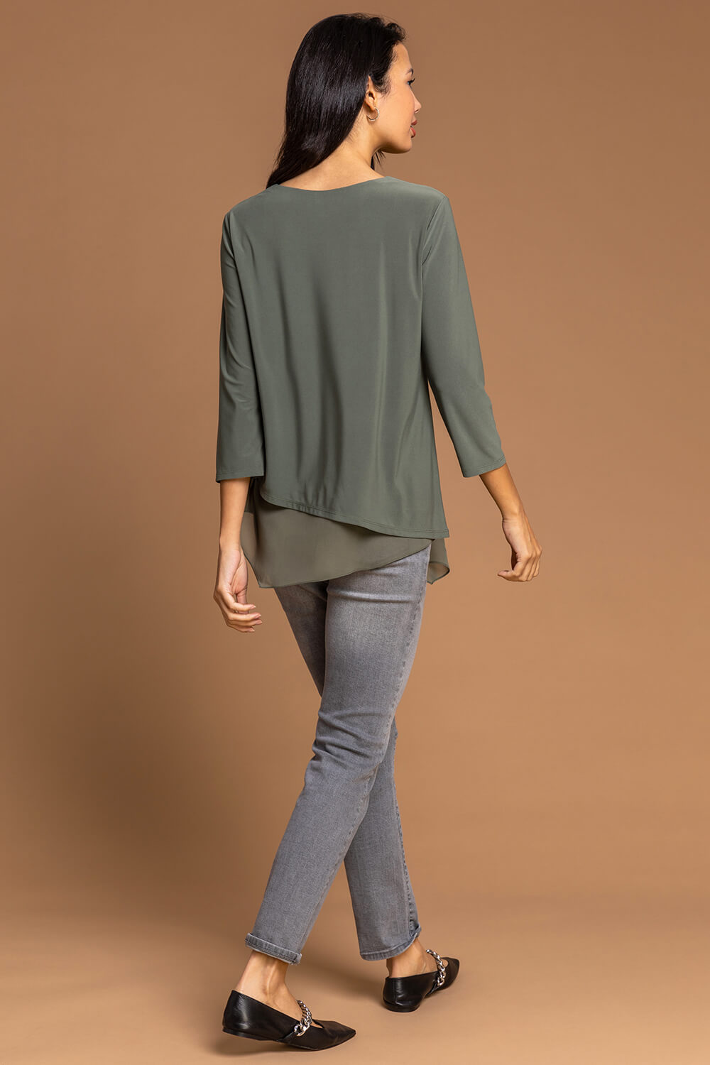 Embellished Heart Asymmetric Top in Khaki - Roman Originals UK
