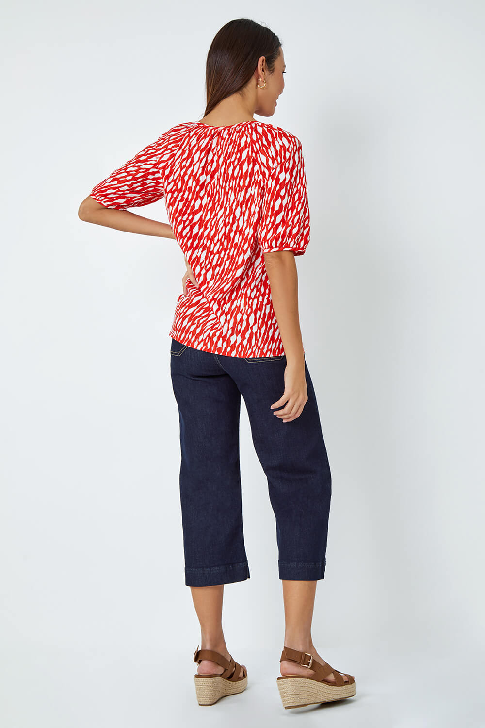 Red Abstract Print Tie Front Stretch Top | Roman UK