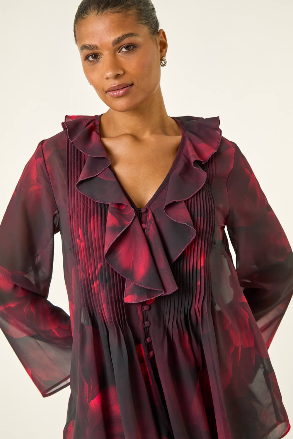Red Printed Frill Front Blouse | Roman UK