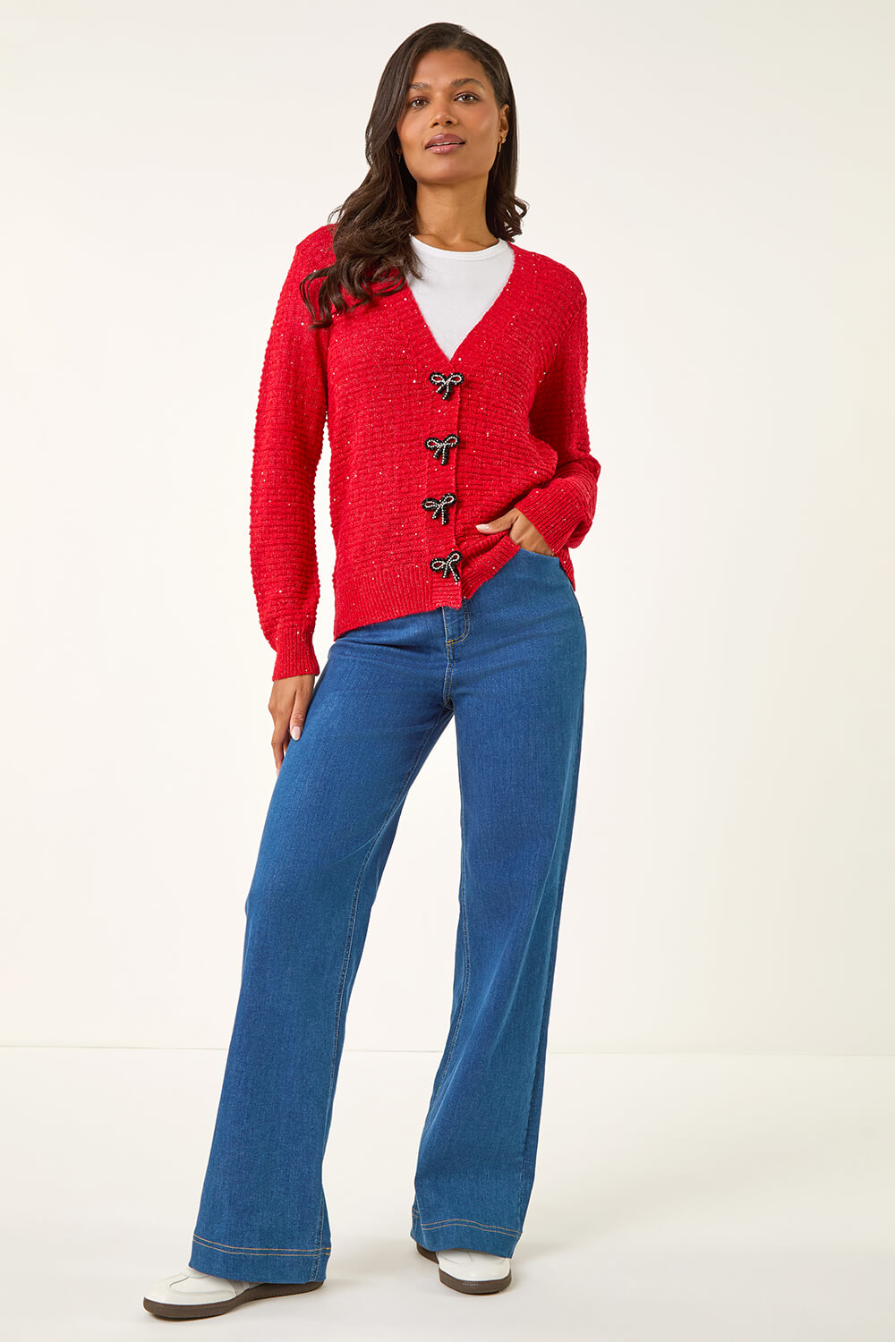 Red Bow Embellished Sequin Knit Cardigan | Roman UK