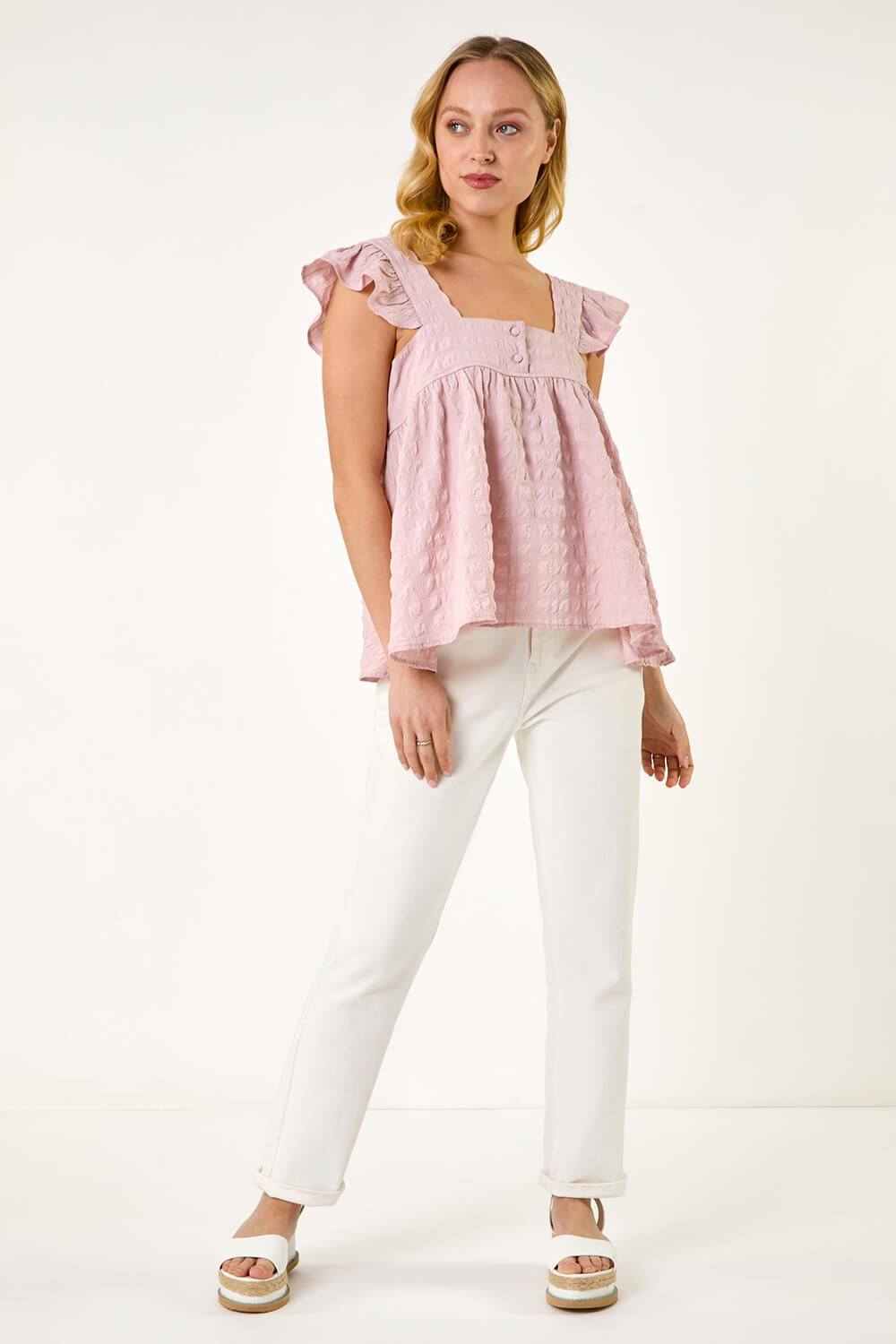 Pink Dusk Textured Bubble Button Top | Roman UK