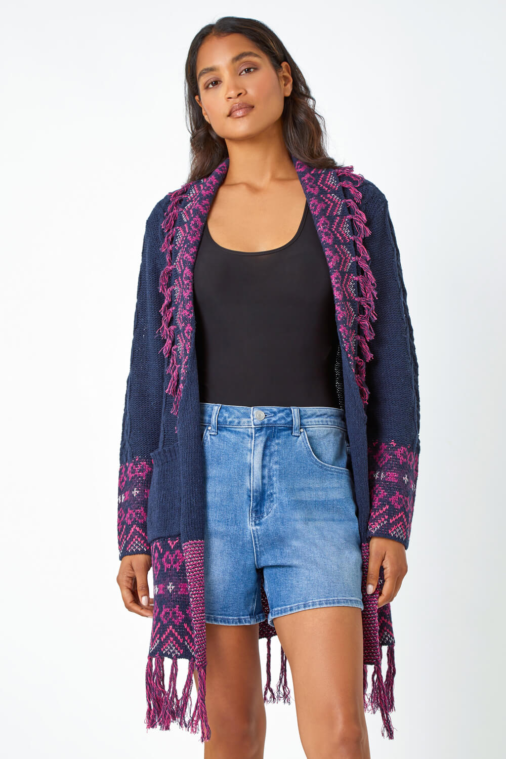 Midnight Blue Aztec Fringed Longline Cardigan | Roman UK