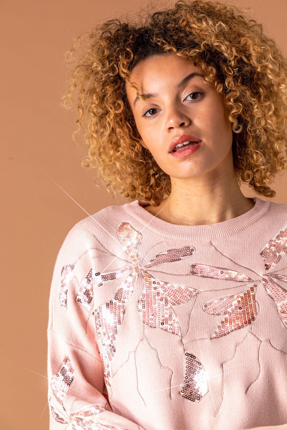 Floral Sequin Embellished Jumper in Pink - Roman Originals UK