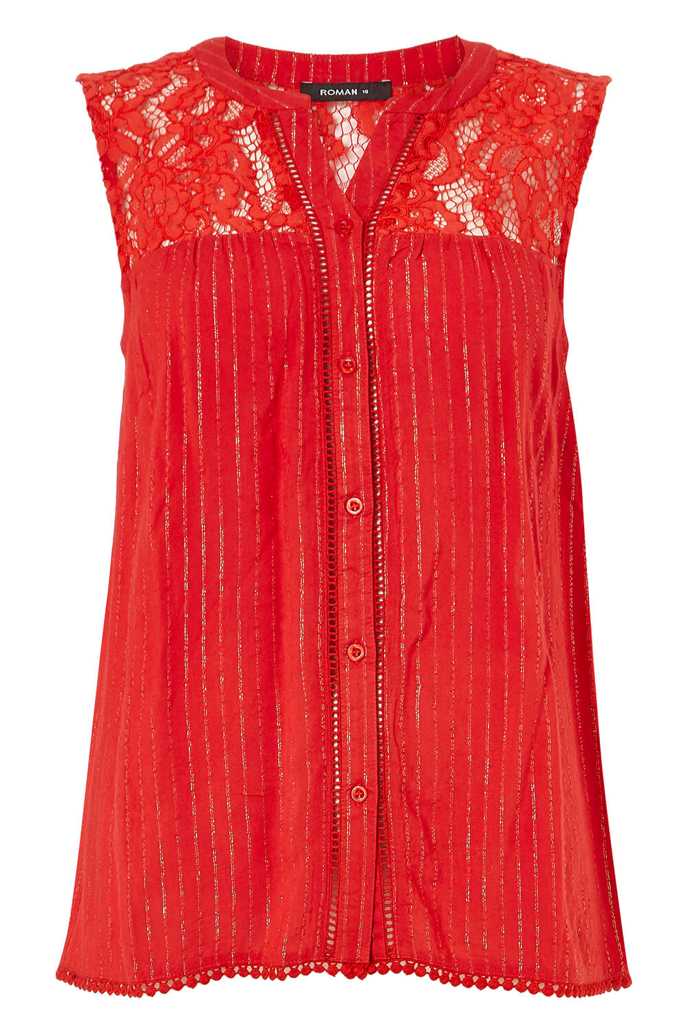 Metallic Lace Sleeveless Blouse in Red - Roman Originals UK