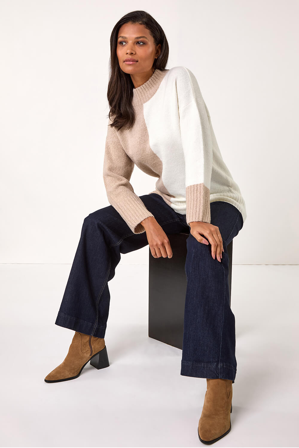 Ivory Contrast Colour Block Knit Jumper | Roman UK