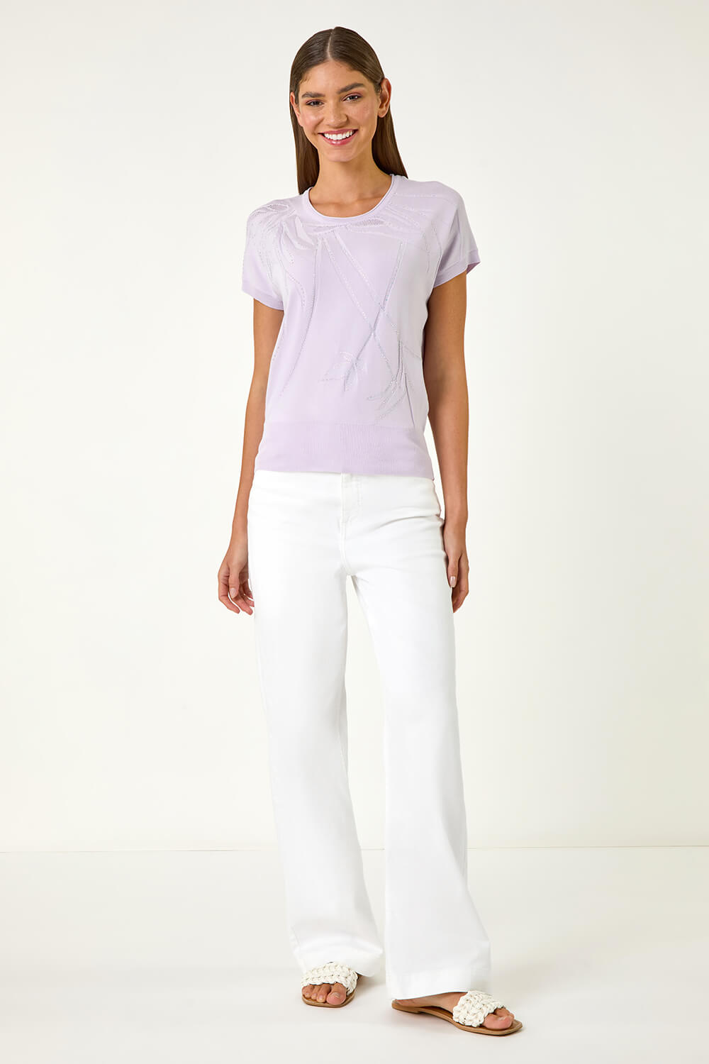 Lilac Leaf Print Hotfix Knitted Top | Roman UK