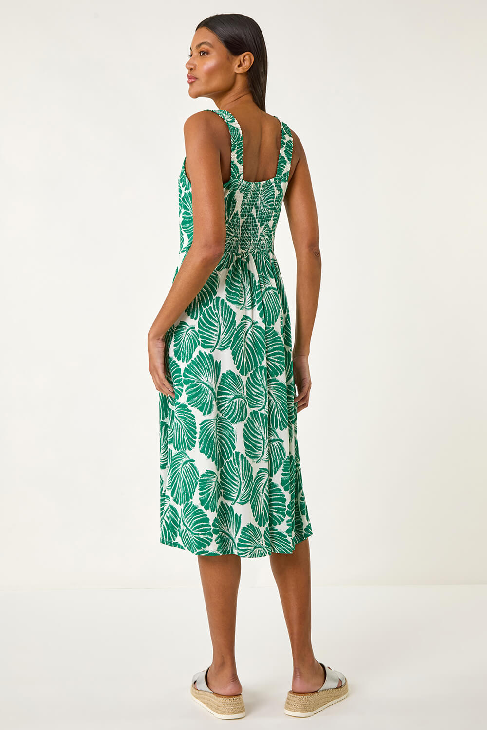 Green Leaf Print V-Neck Stretch Midi Dress | Roman UK