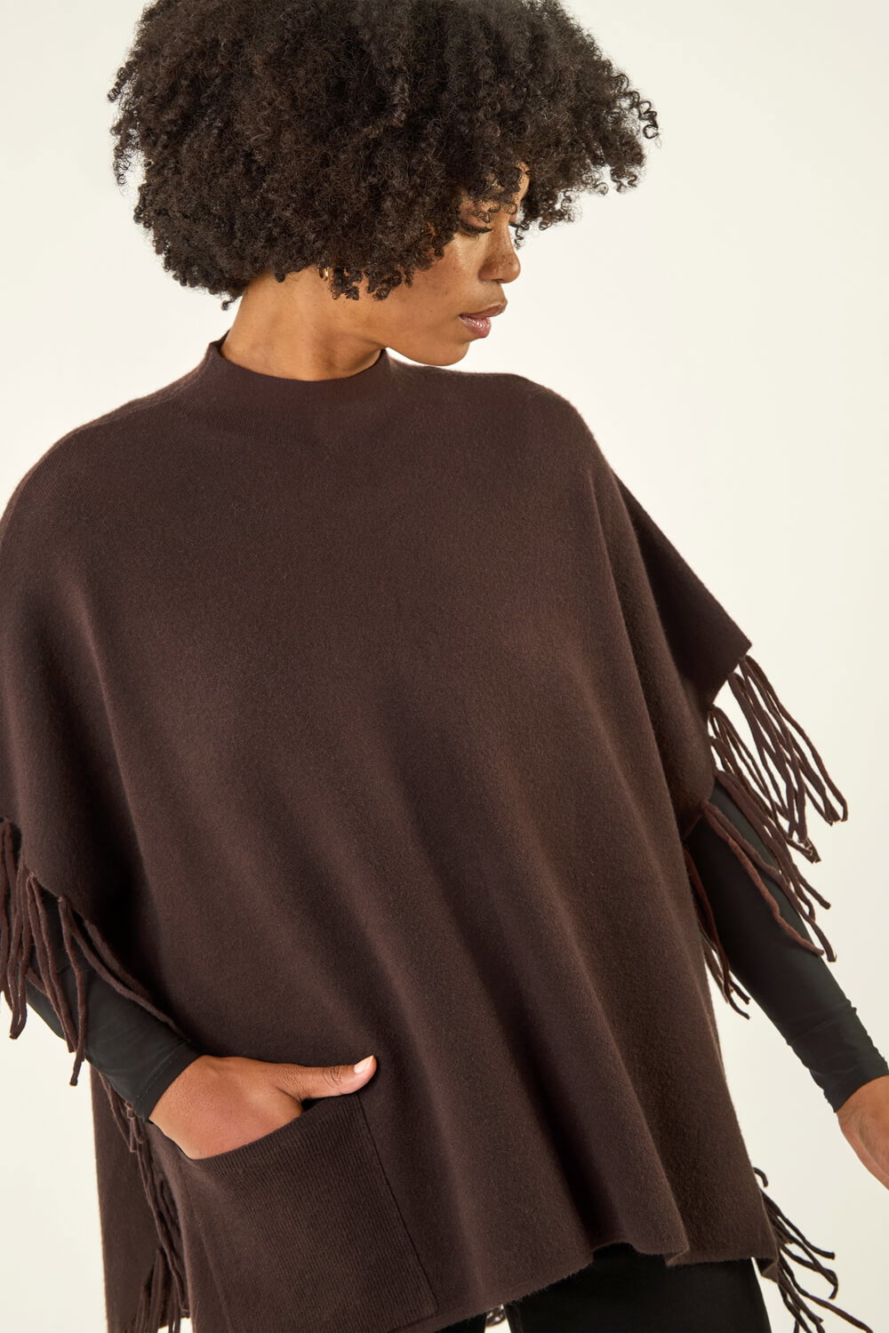 Chocolate Fringe Hem Knit Poncho | Roman UK