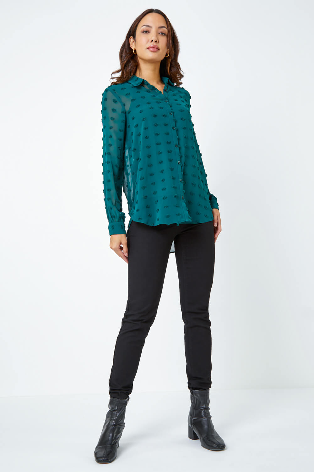 Textured Polka Dot Blouse in Green - Roman Originals UK