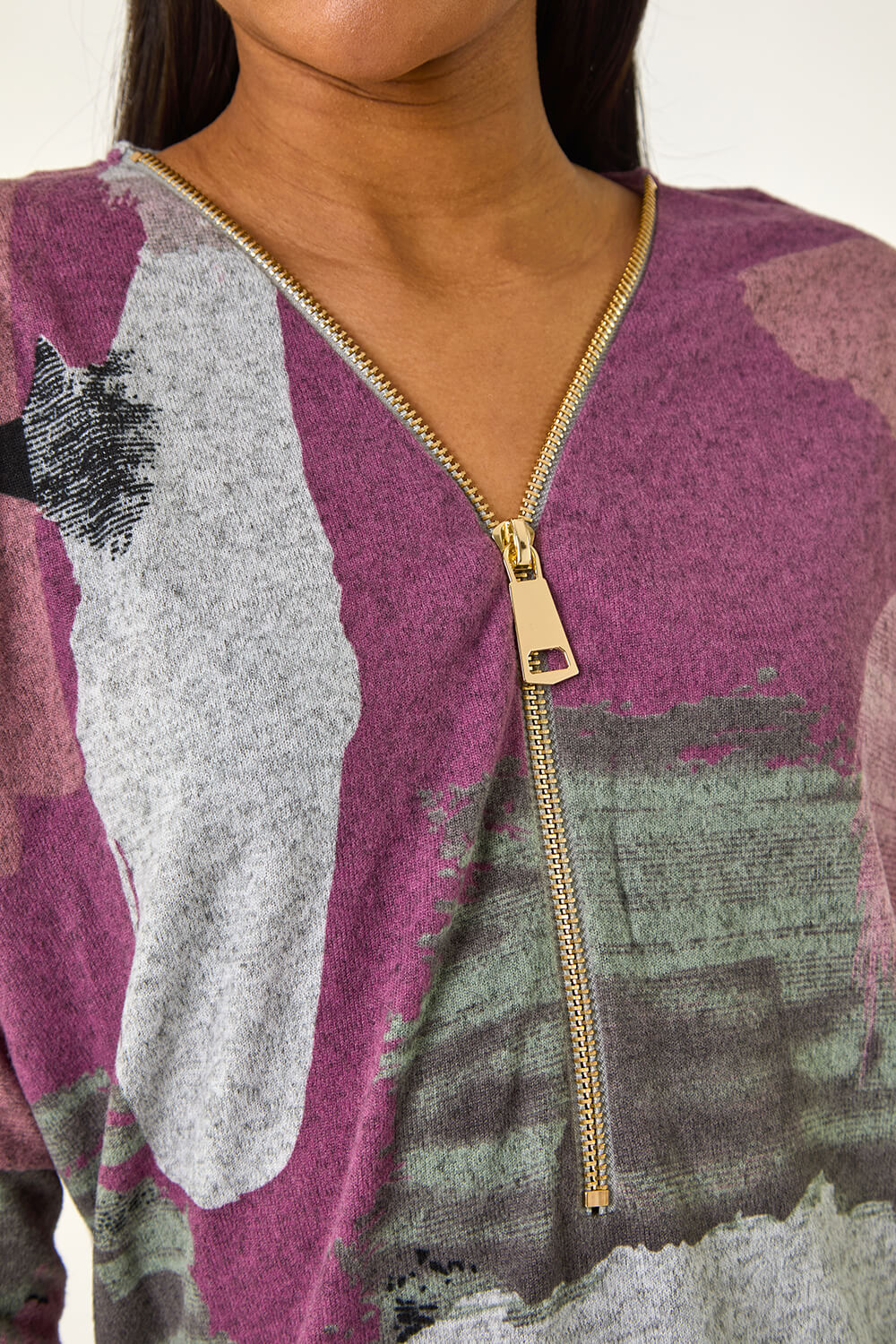 Mauve Brushed Print Zip Detail Top | Roman UK
