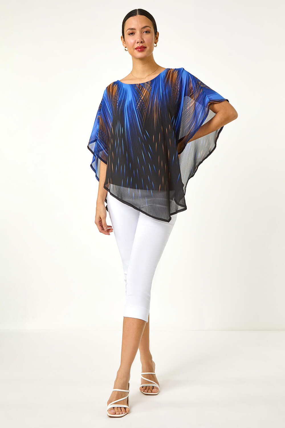 Blue Abstract Stretch Chiffon Overlay Top | Roman UK