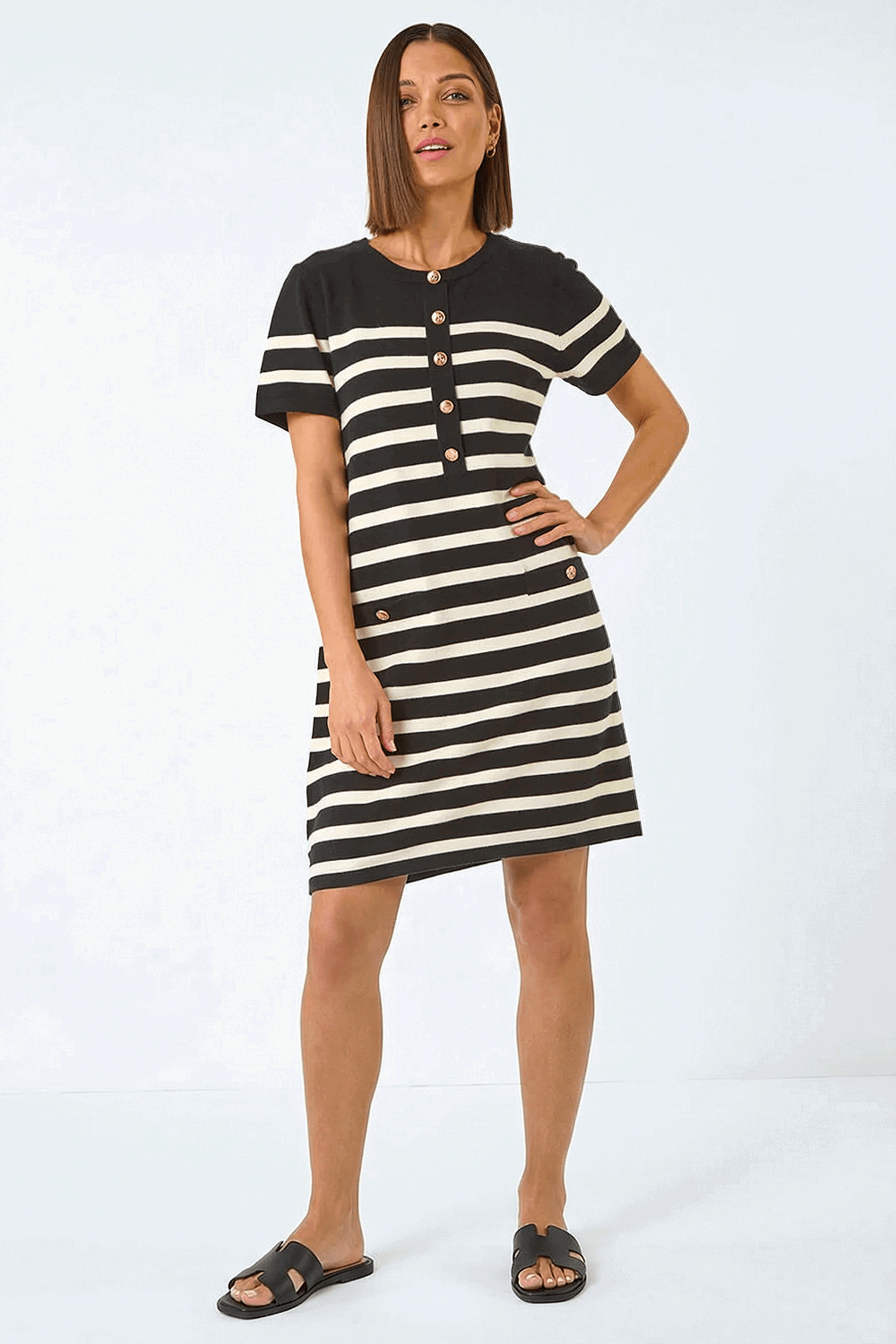 Black Stripe Button A-Line Knit Dress | Roman UK