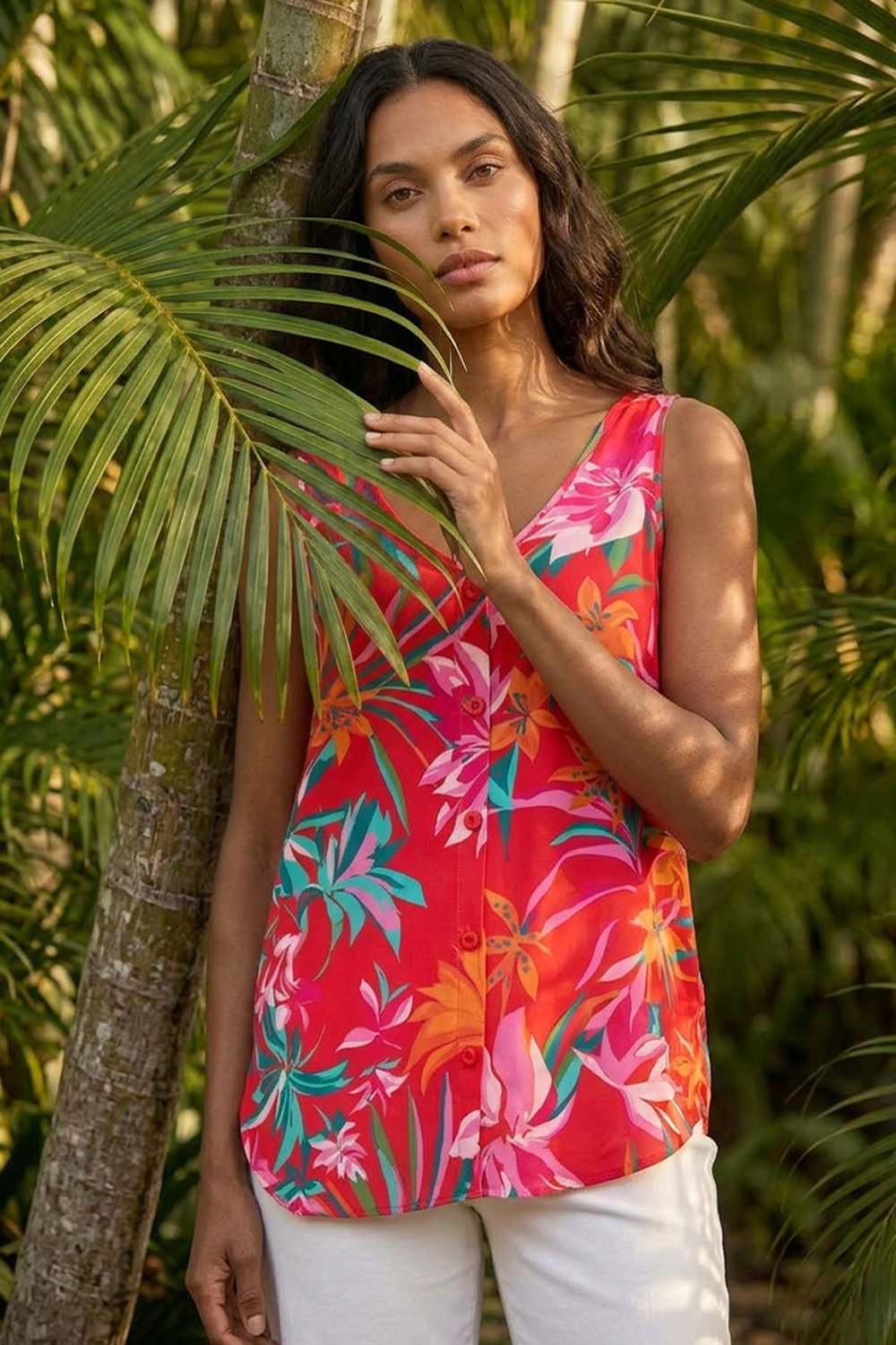 Red Tropical Print V-Neck Button Cami Top | Roman UK