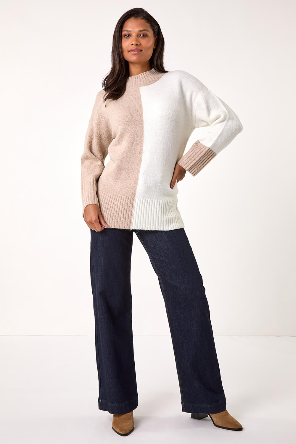 Ivory Contrast Colour Block Knit Jumper | Roman UK