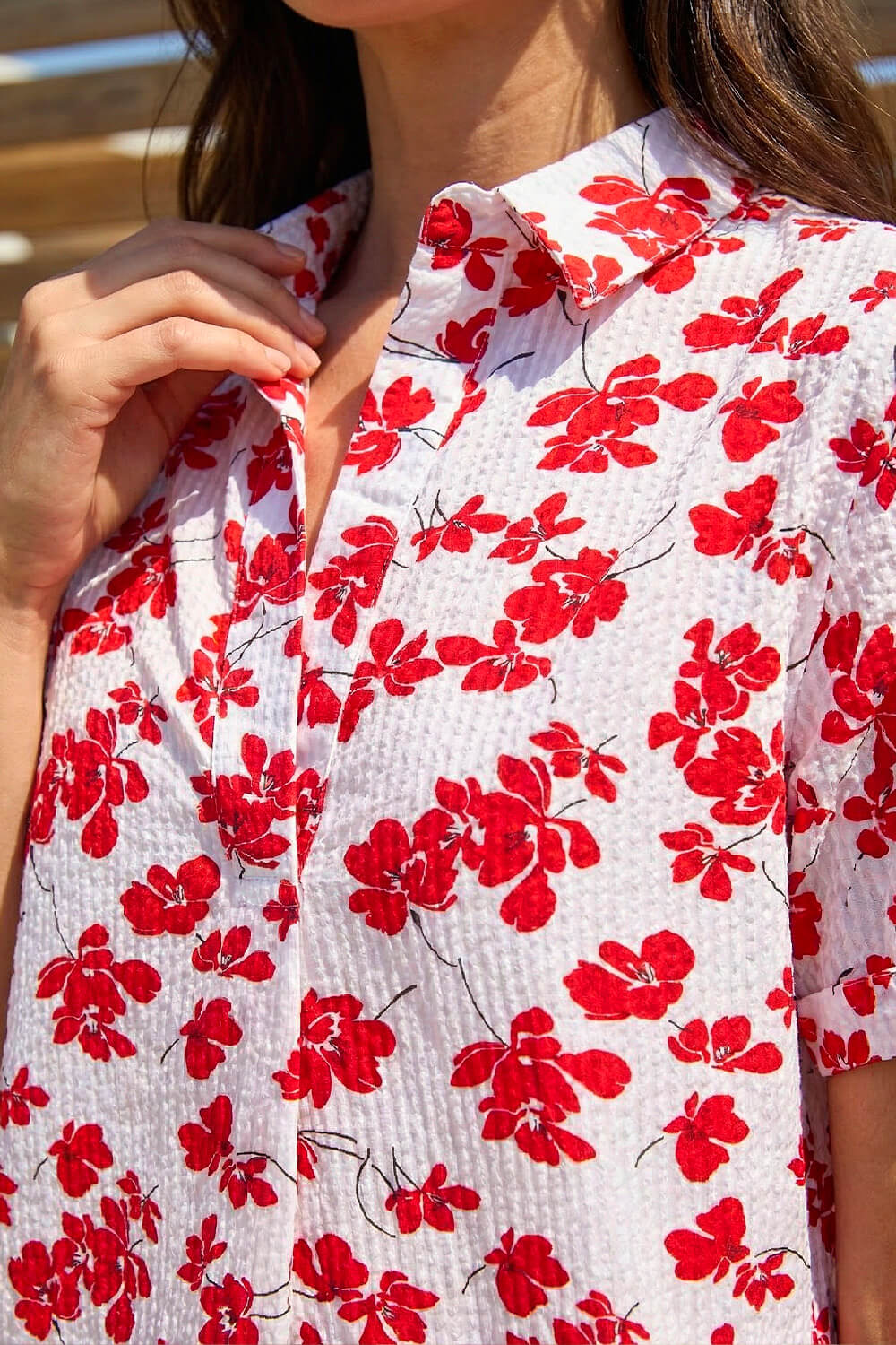 Red Floral Print Pleat Neck Top | Roman UK