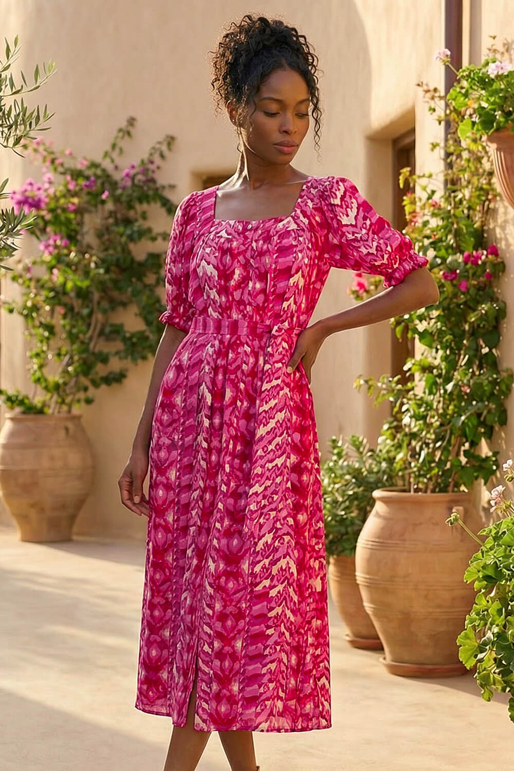 Fuchsia Abstract Print Belted Dress | Roman UK