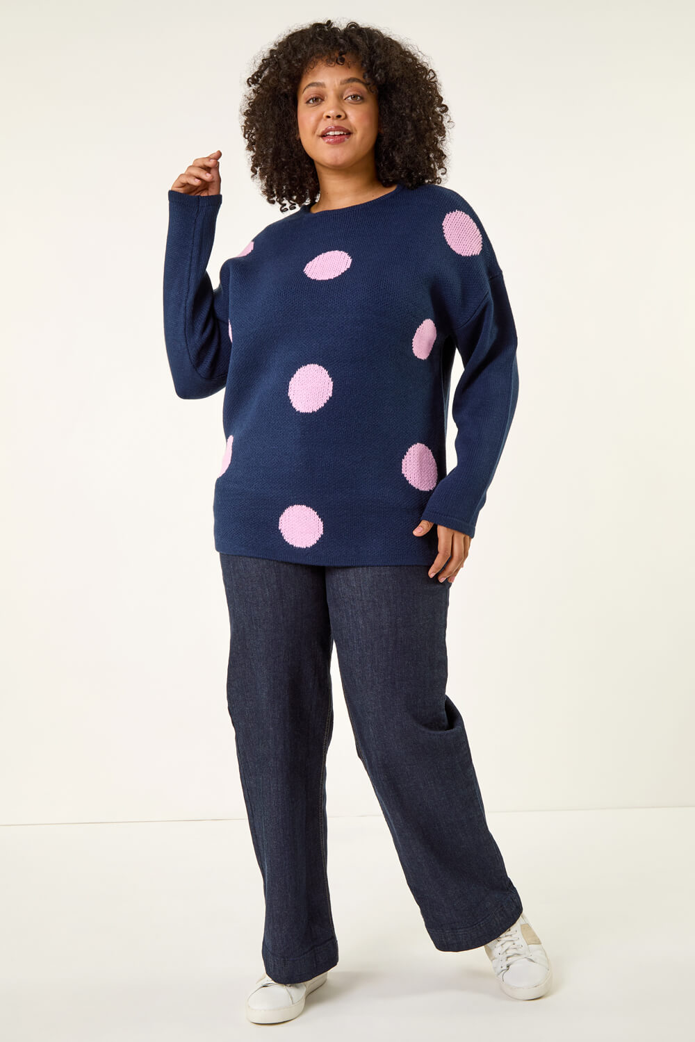 Navy Curve Large Spot Knit Jumper | Roman UK
