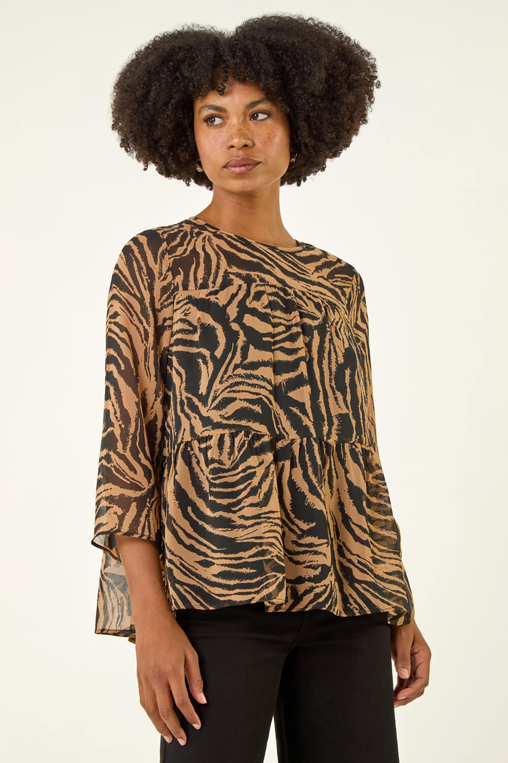 Tan Animal Print Tiered Top | Roman UK