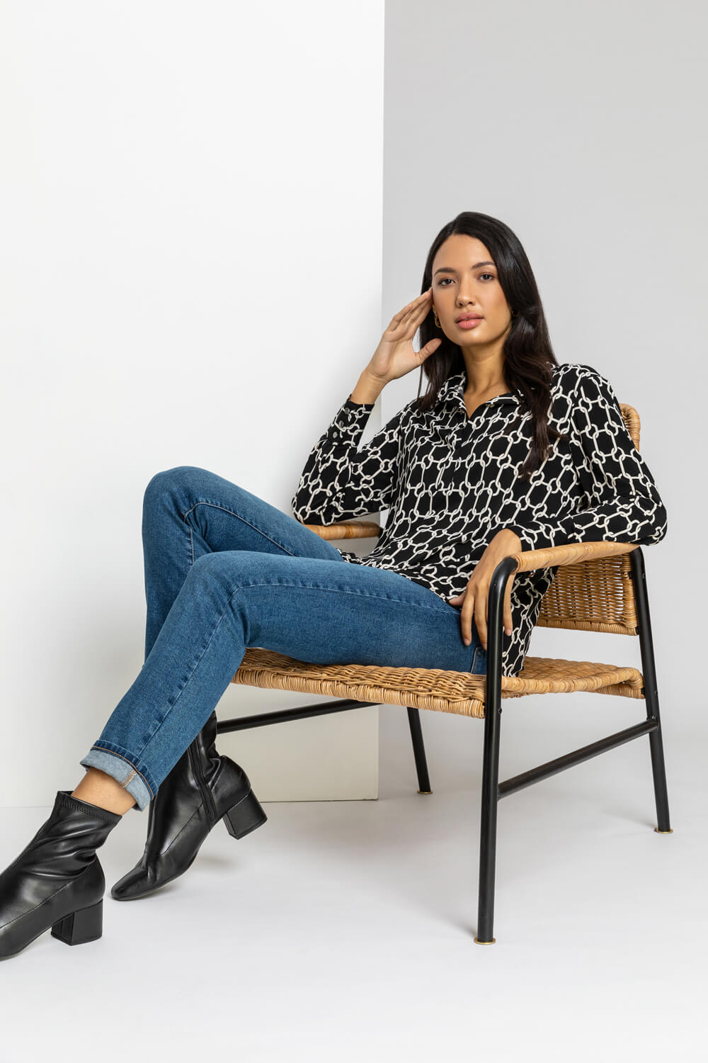 Chain Print Collar Jersey Top in Black - Roman Originals UK