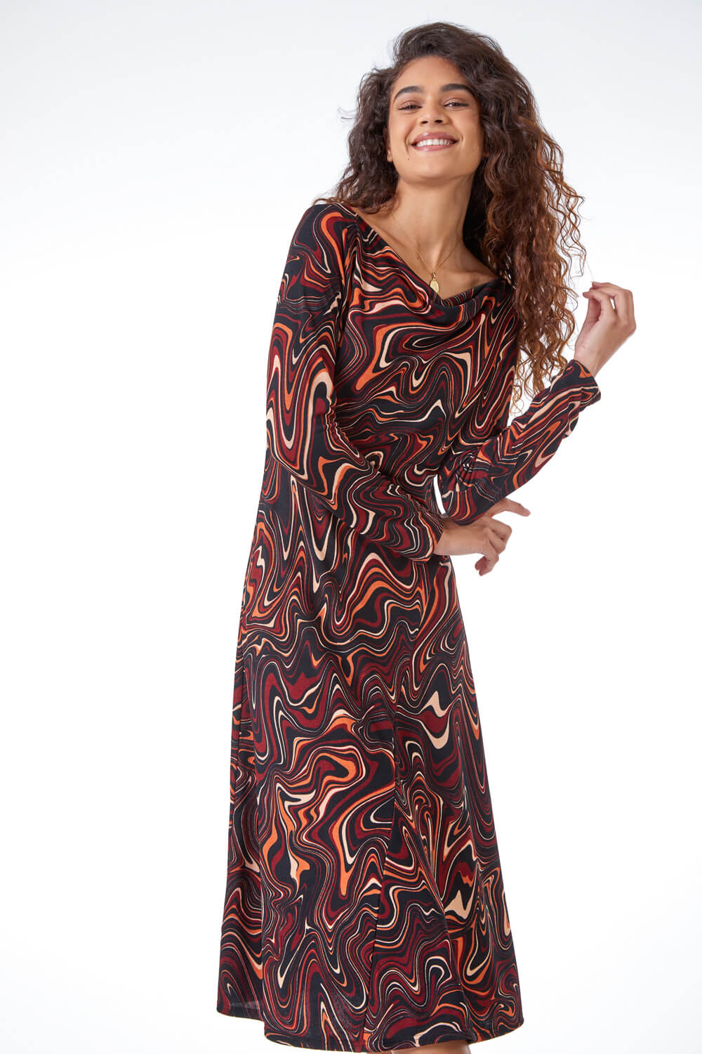 Swirl Print Cowl Neck Midi Dress in Red - Roman Originals UK