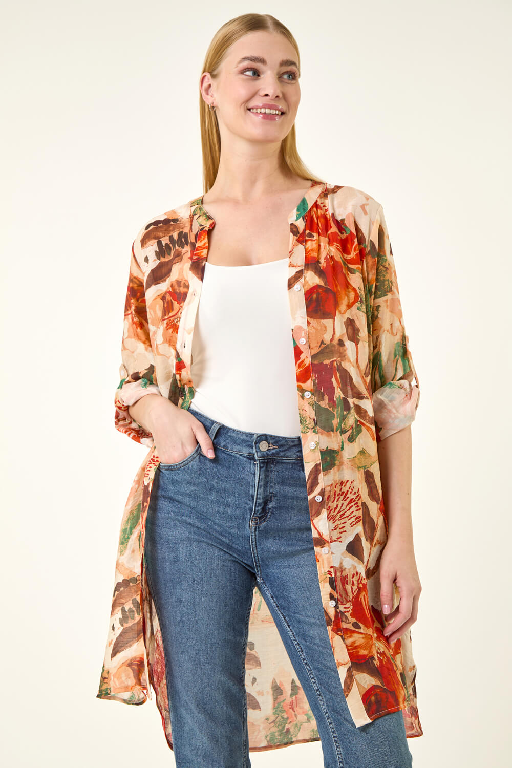 Orange Abstract Print Button Longline Blouse | Roman UK