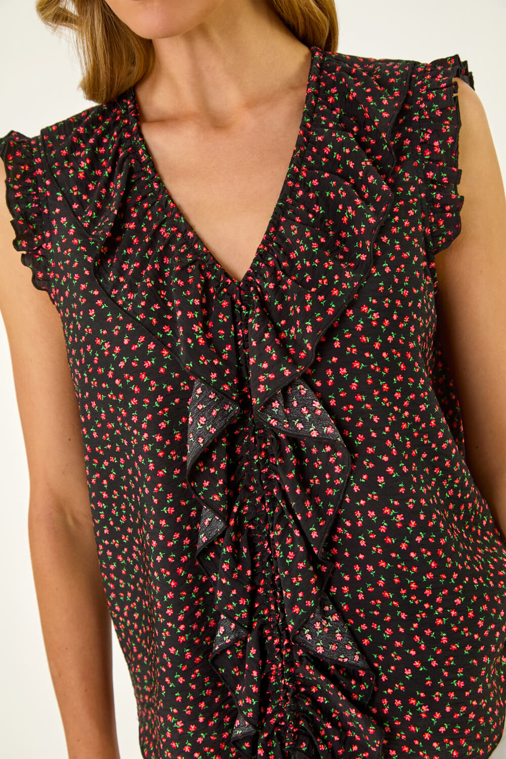 Black Floral Print Ruffle Front Top | Roman UK