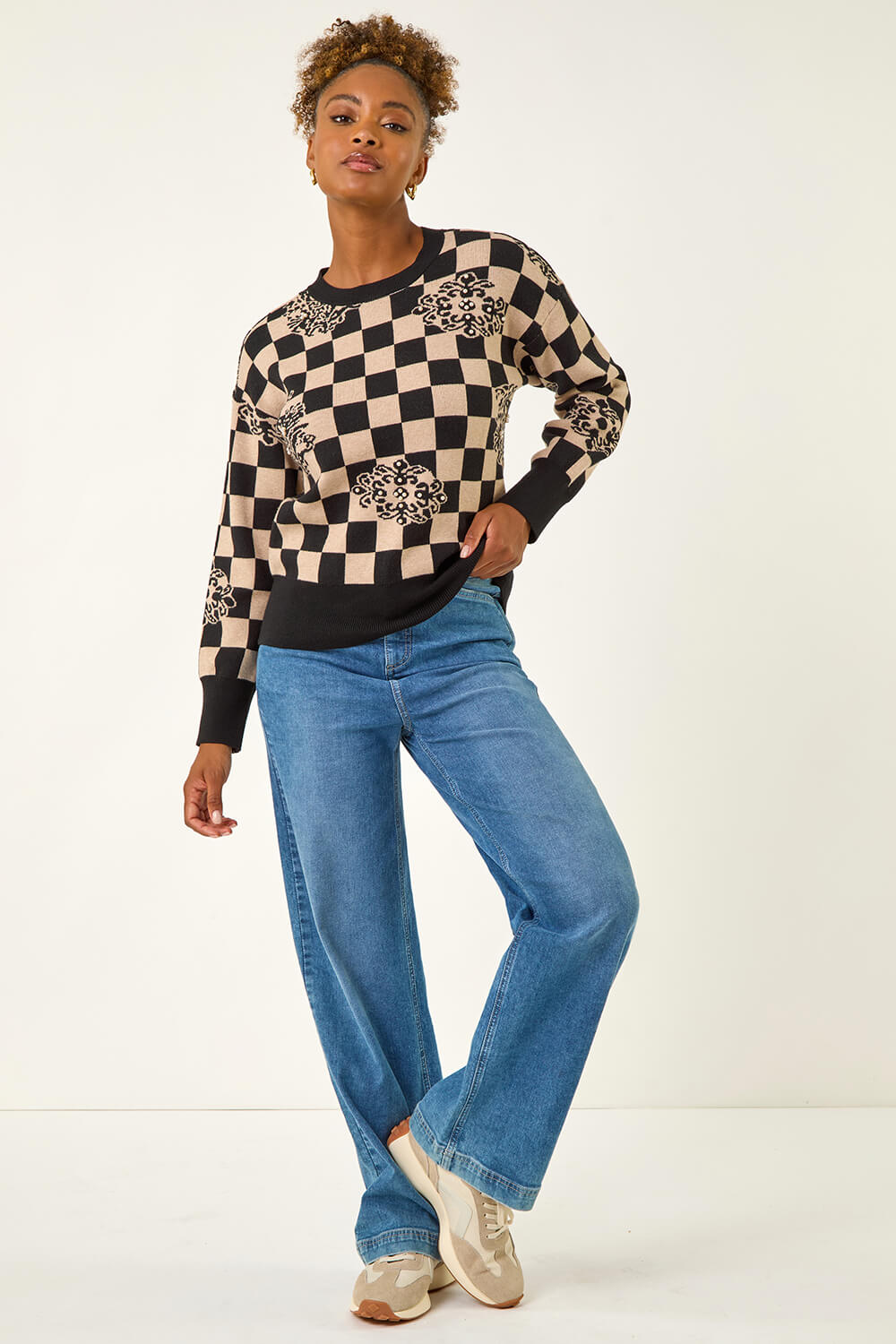 Black Check Faux Pearl Knit Jumper | Roman UK