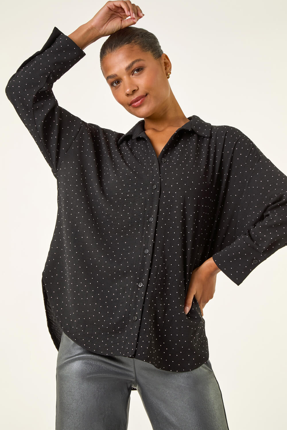 Black Hotfix Collared Longline Shirt | Roman UK