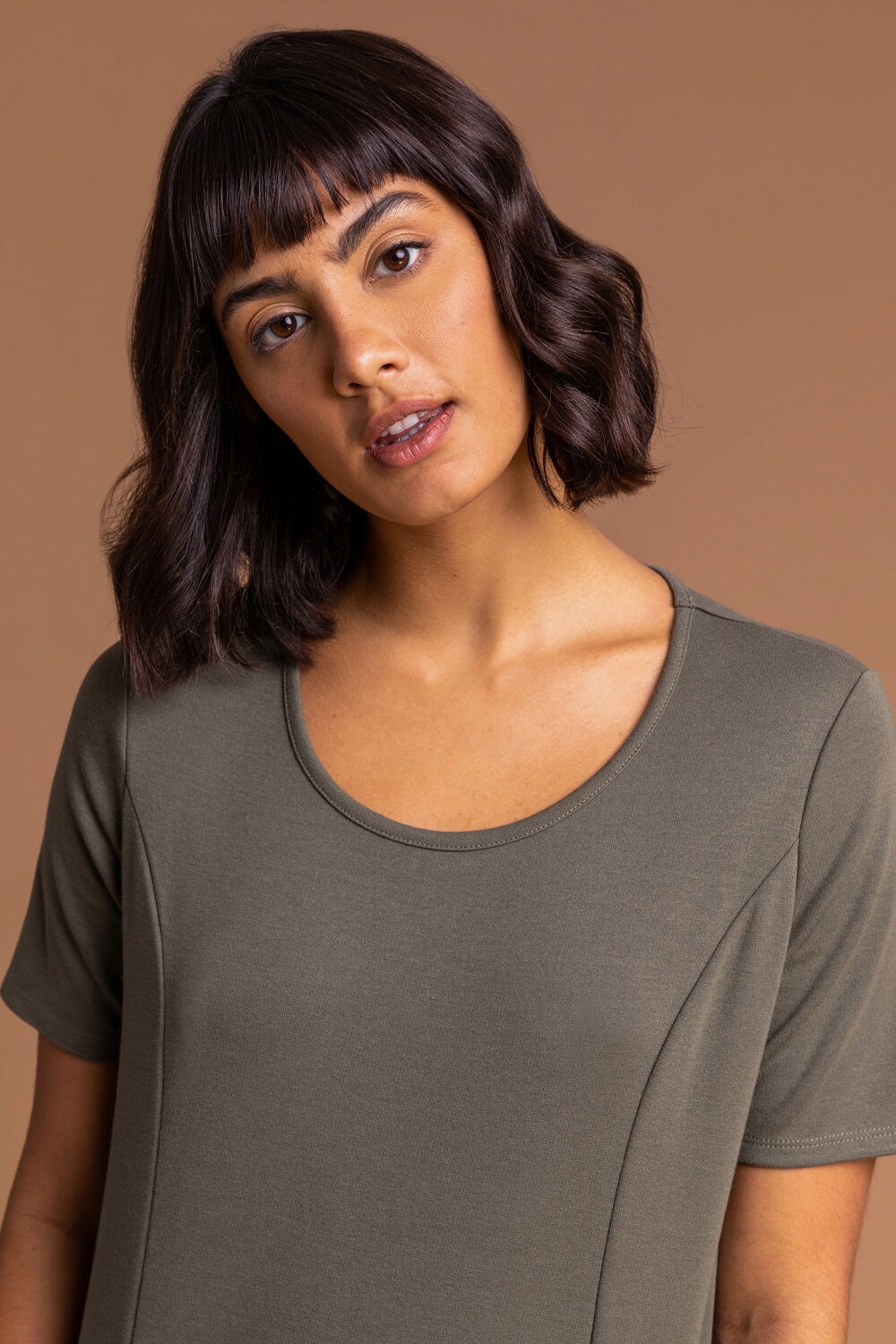 Pocket Stud Detail Slouch Dress in Khaki - Roman Originals UK