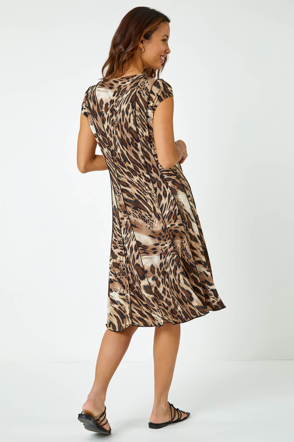 Camel Animal Print Panel Stretch Dress | Roman UK