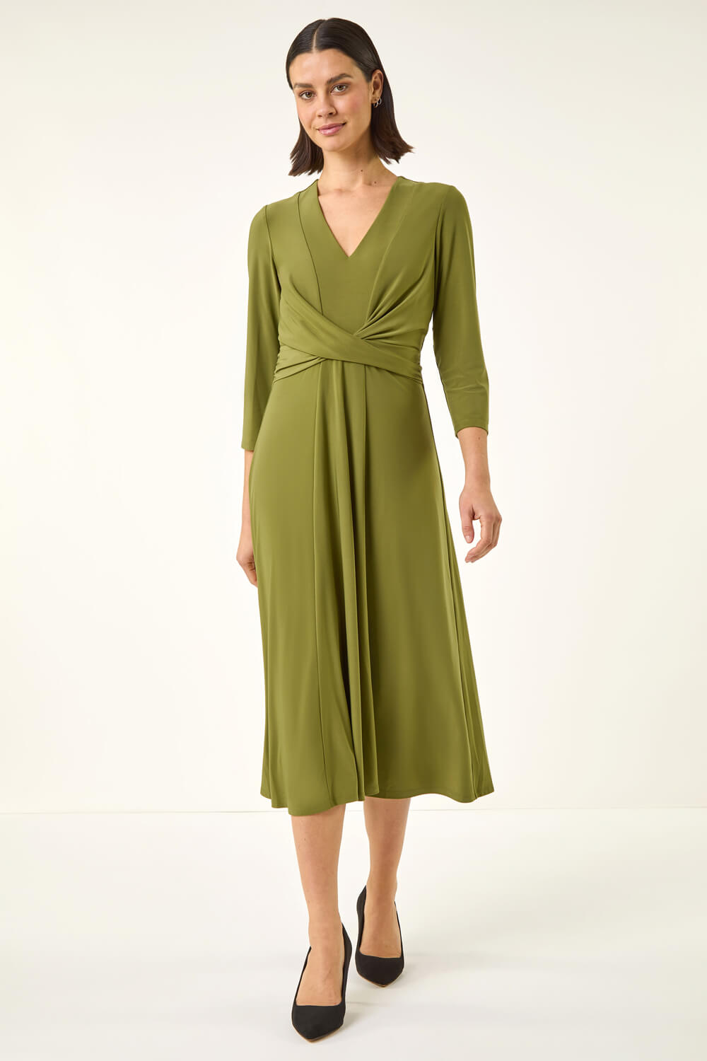 Khaki Stretch Crossover Midi Dress | Roman UK