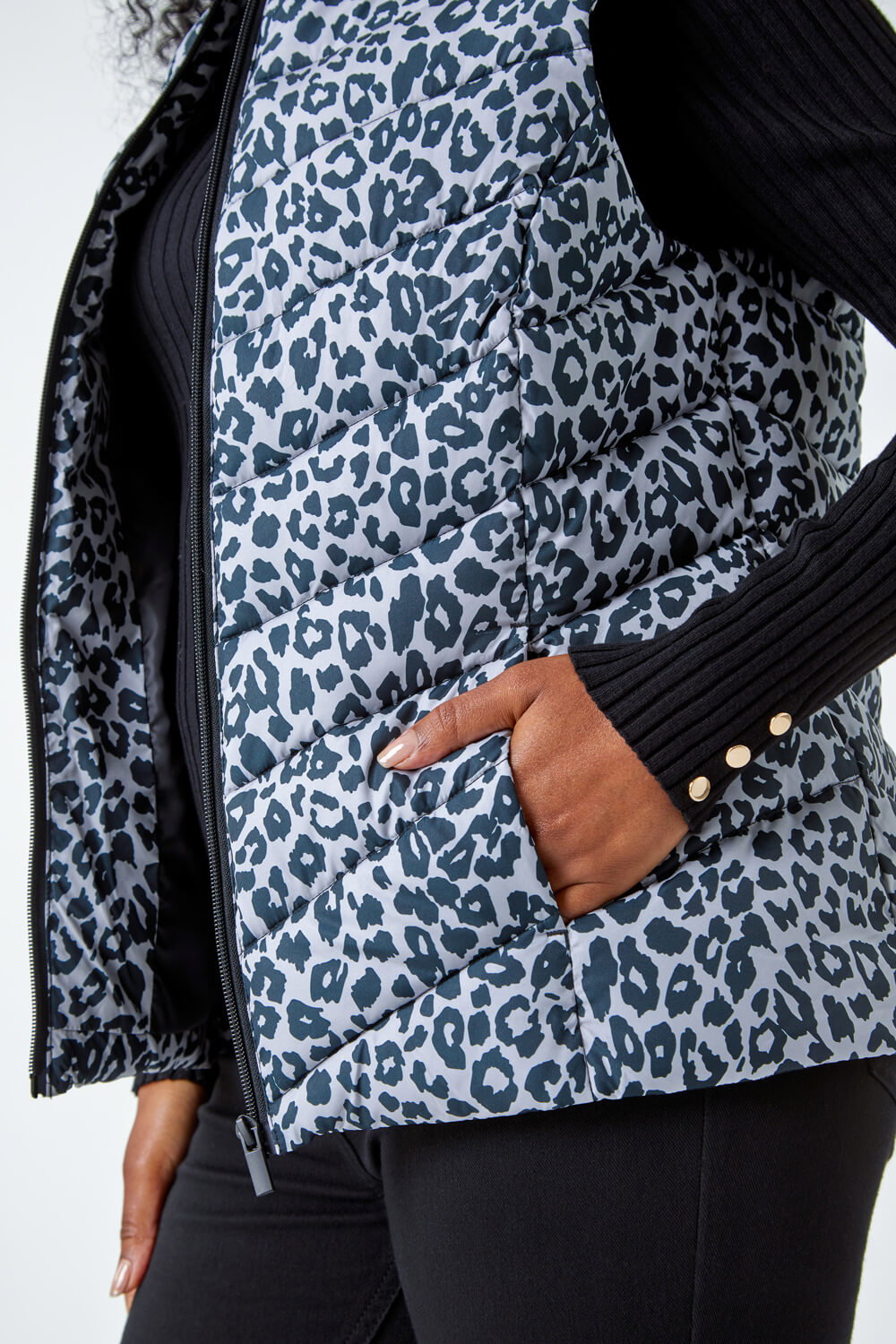 Black Petite Animal Print Quilted Gilet | Roman UK