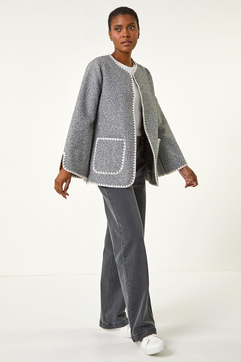 Grey Contrast Blanket Stitch Jacket | Roman UK