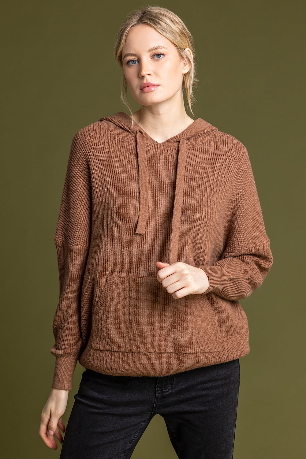 Ribbed Knit Drawcord Hoodie in Brown - Roman Originals UK