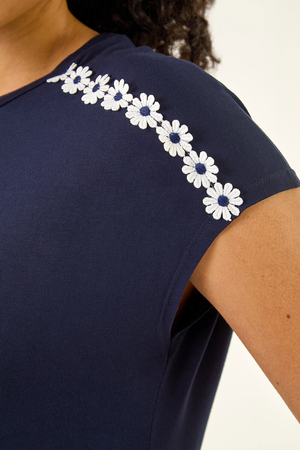 Navy Daisy Shoulder Trim T-Shirt | Roman UK