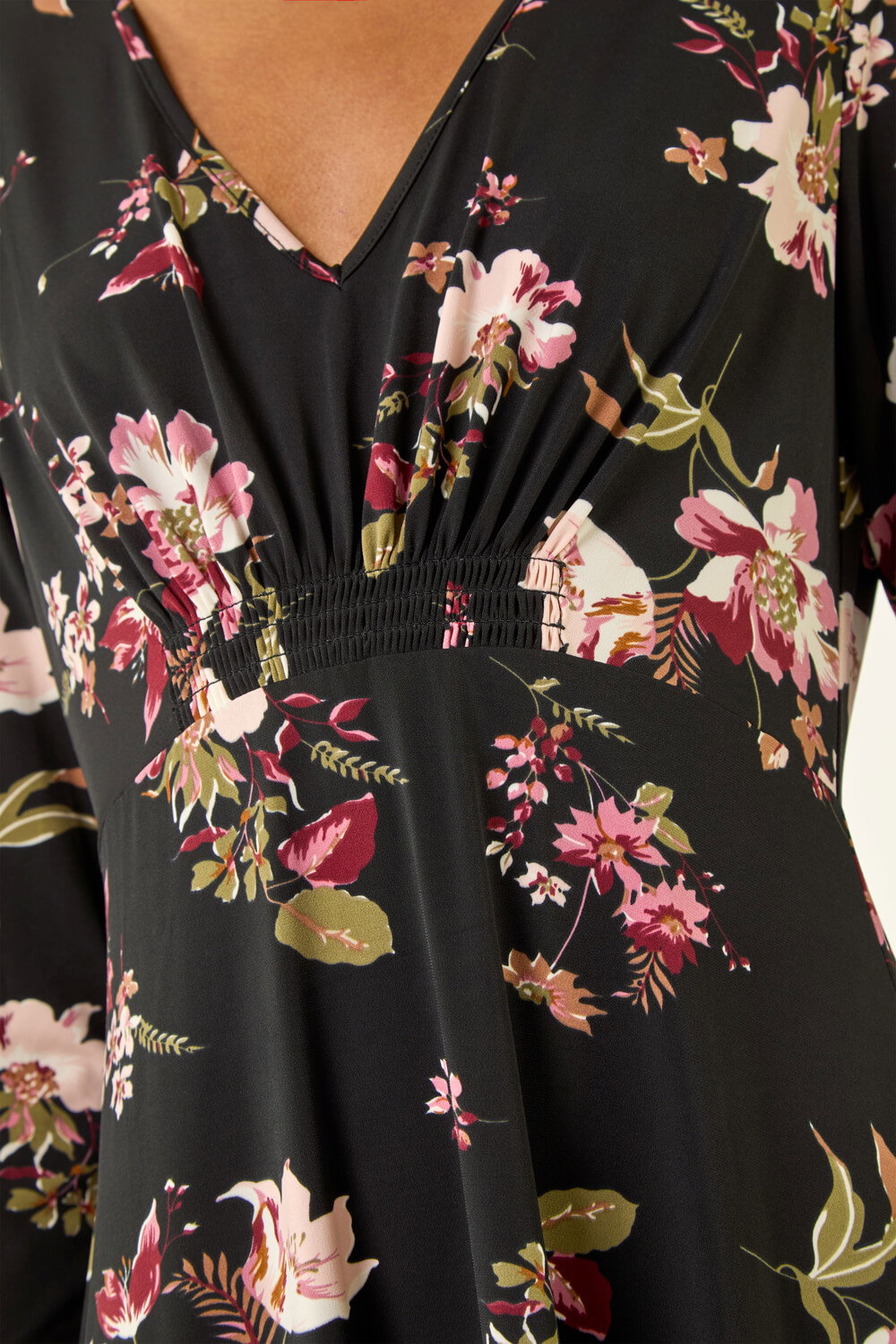 Black Floral Gathered Stretch Dress | Roman UK