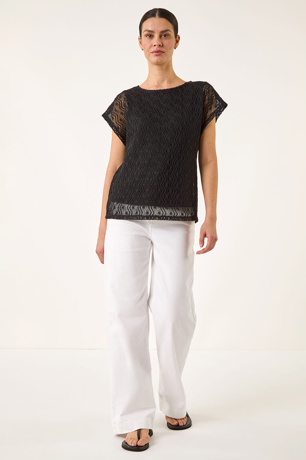 Black Lace Overlay Stretch Top | Roman UK