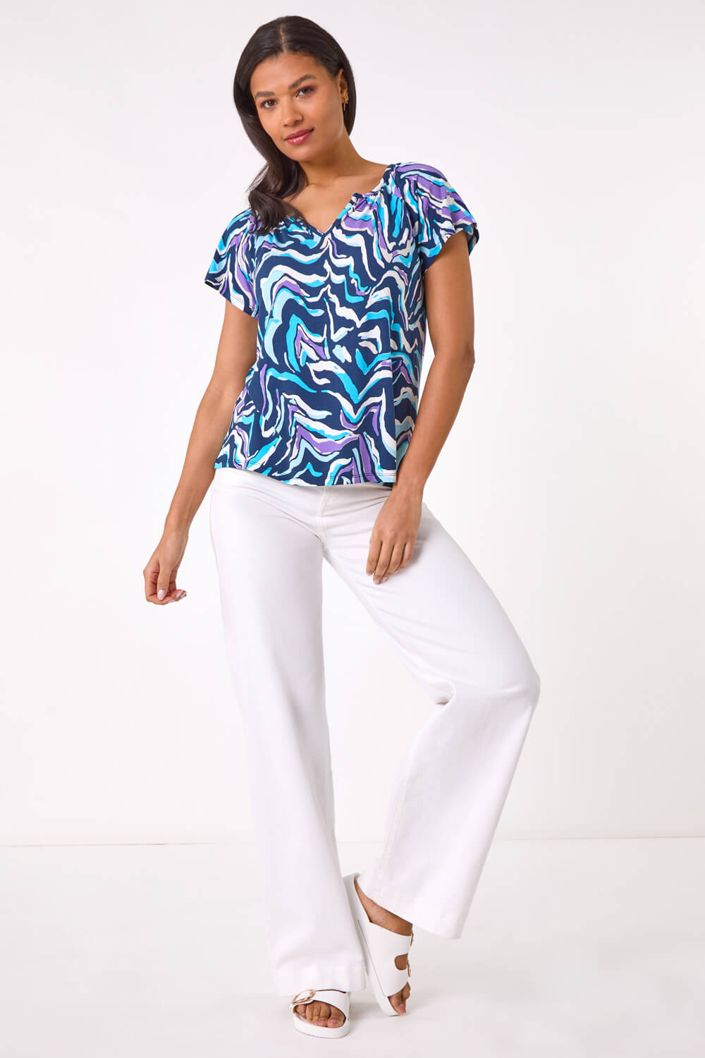 Blue Abstract Wave Print Stretch Top | Roman UK