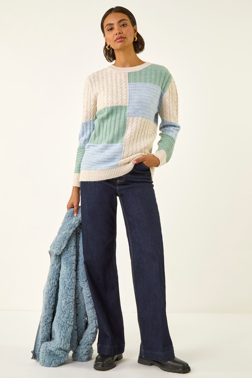 Ivory Colour Block Cable Knit Jumper | Roman UK