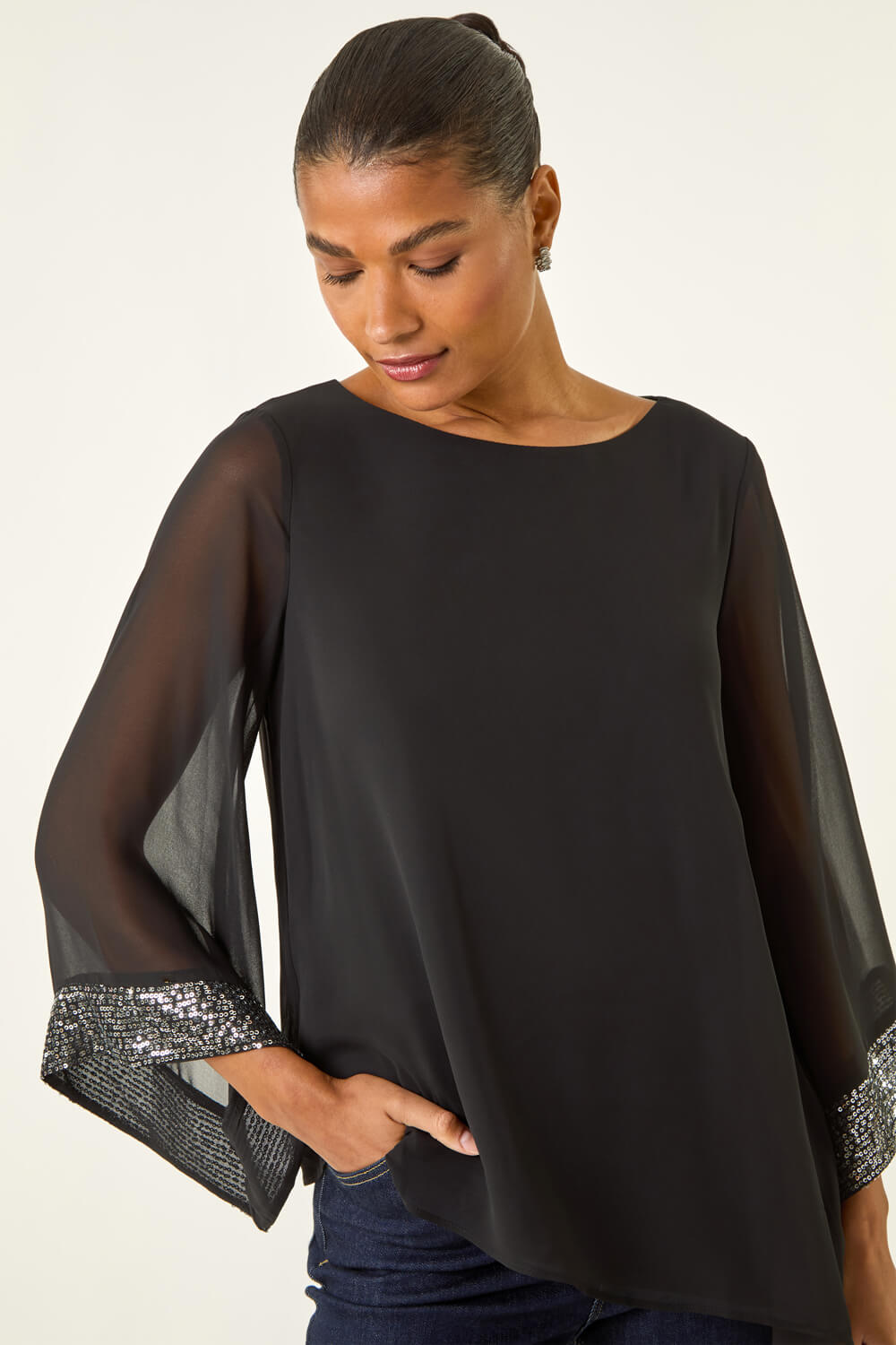 Black Asymmetric Sequin Cuff Top | Roman UK