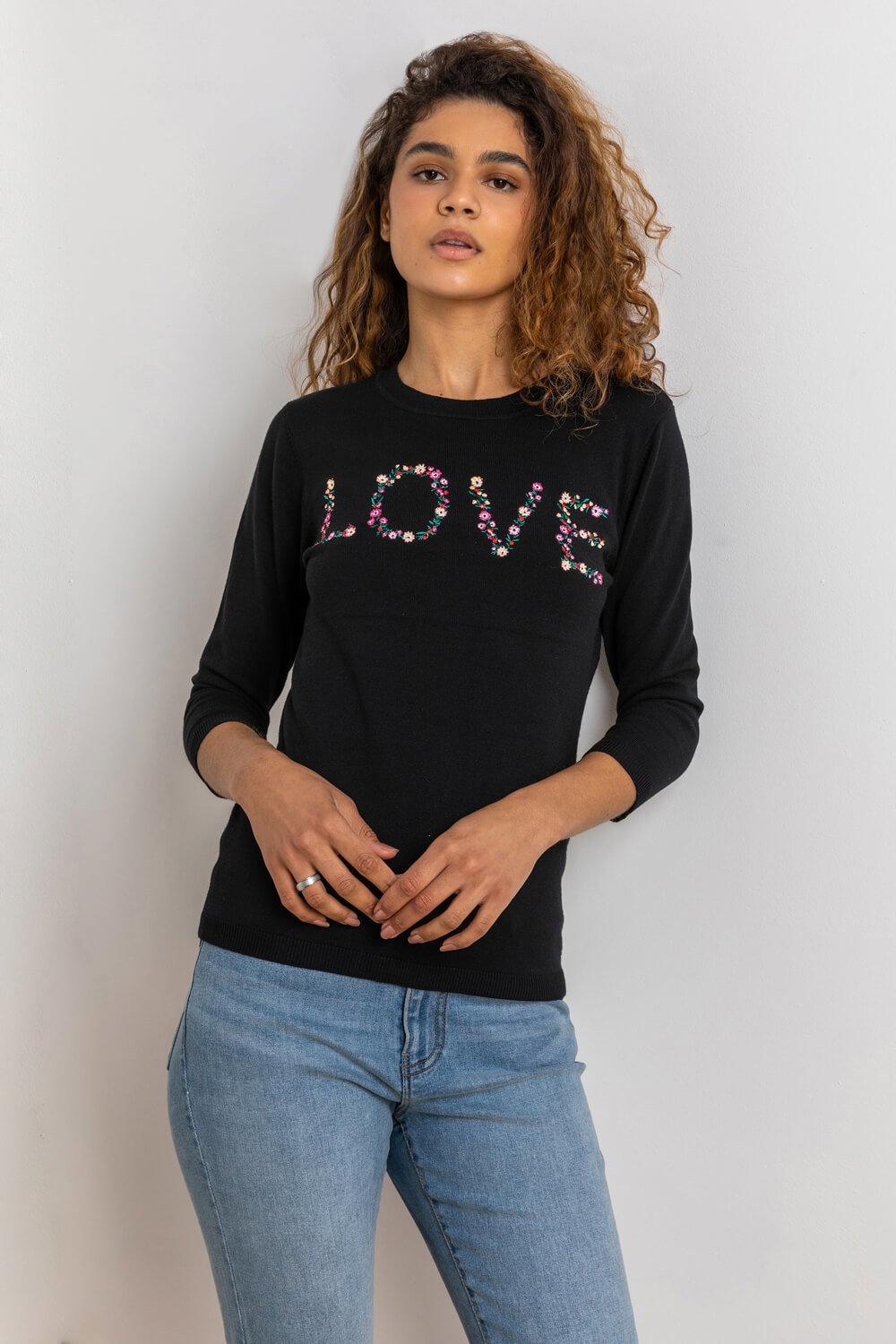Love Floral Embroidered Jumper in Black - Roman Originals UK
