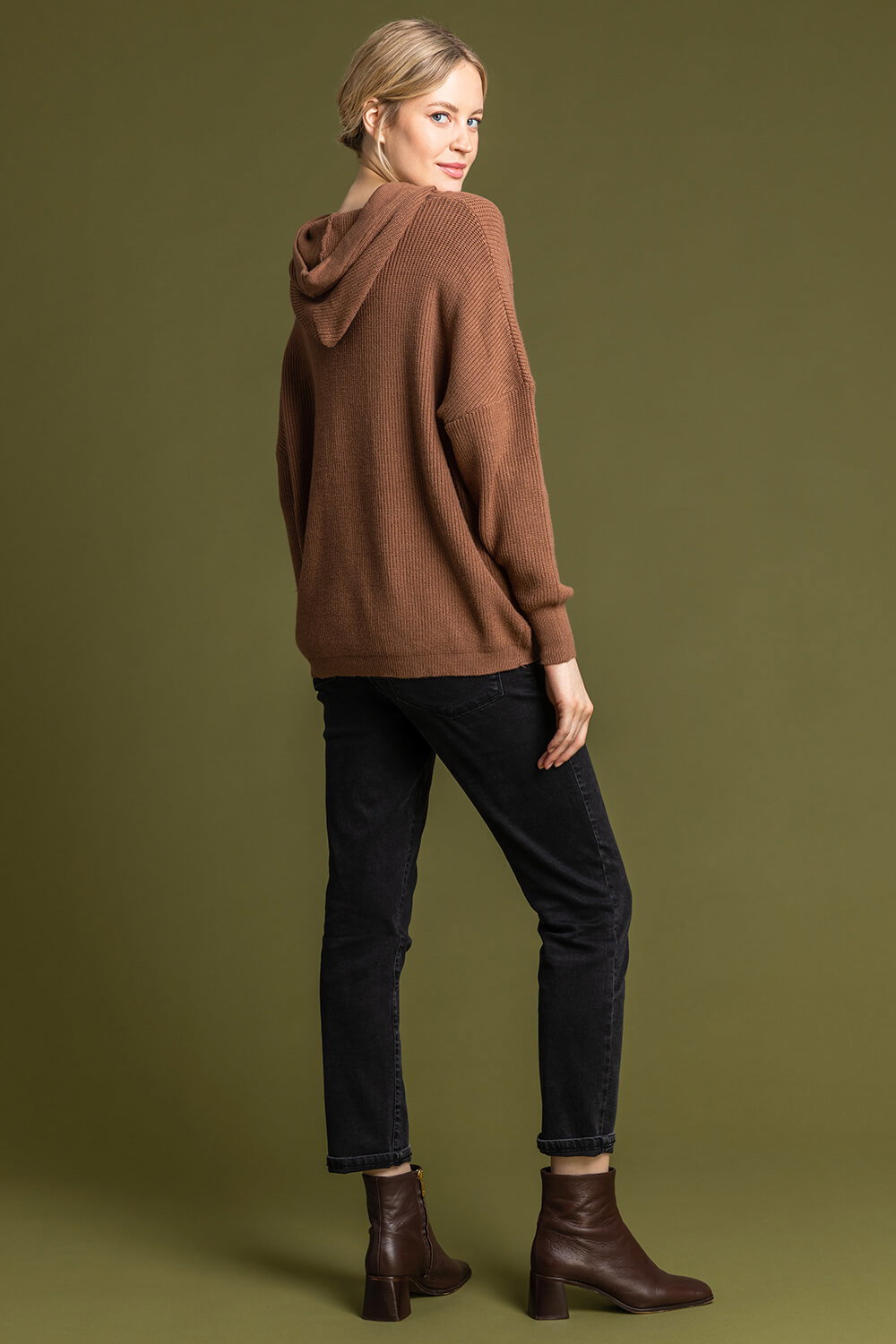 Ribbed Knit Drawcord Hoodie in Brown - Roman Originals UK