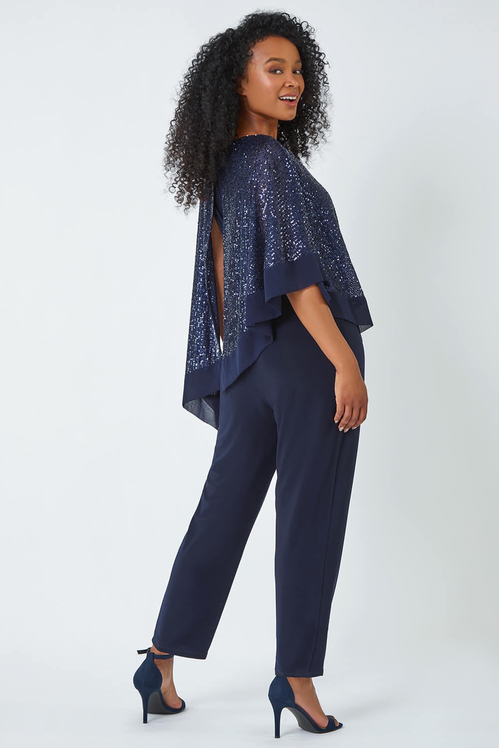 Navy Petite Sequin Overlay Jumpsuit | Roman UK