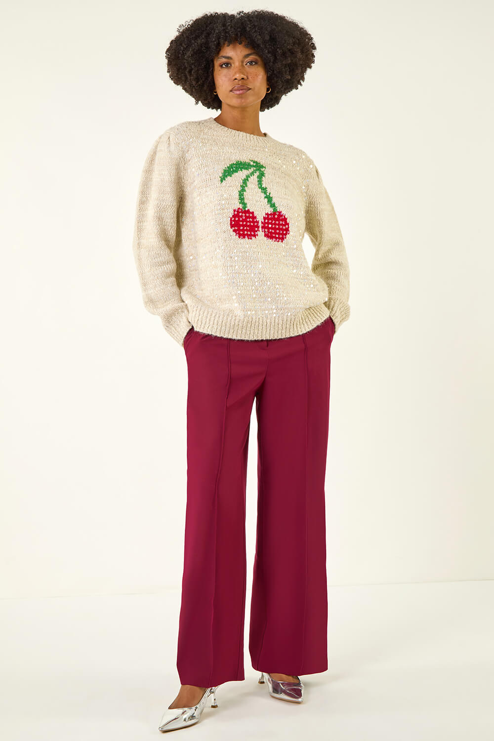 Ivory Sequin Cherry Knit Jumper | Roman UK